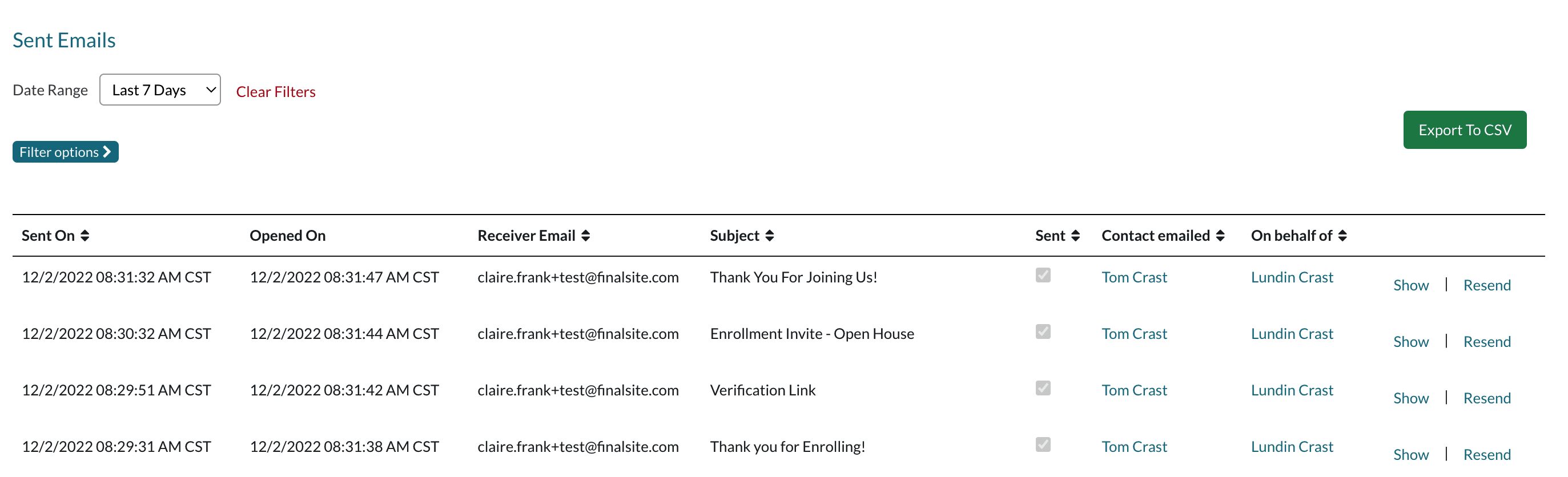 Sent Emails – Finalsite Enrollment