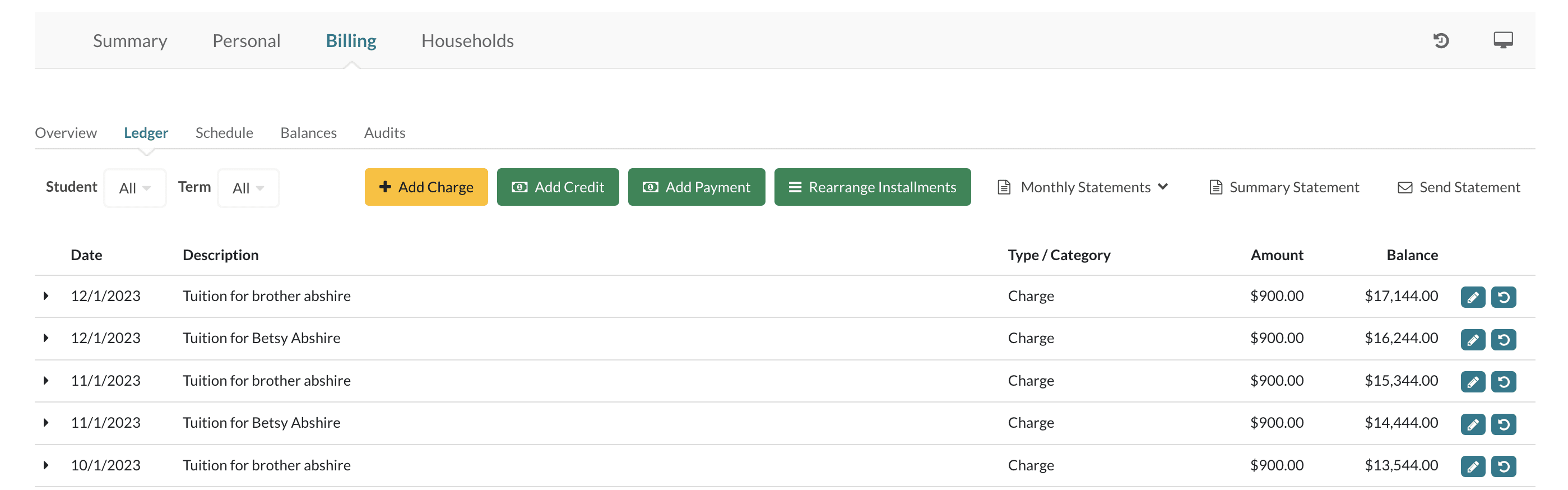 Contact Record: Billing Tab – Finalsite Enrollment