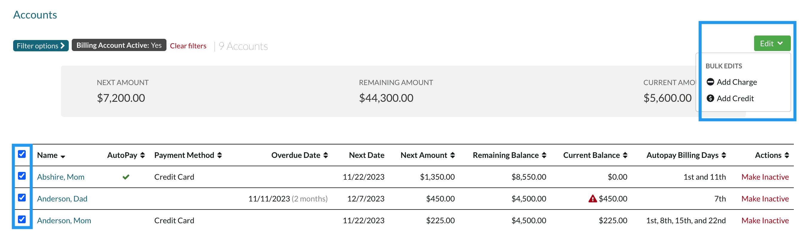 Billing: Accounts List Page – Finalsite Enrollment