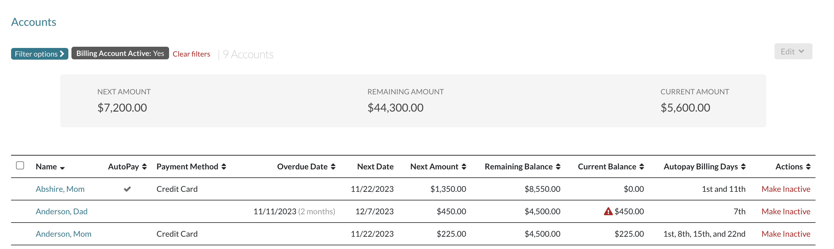 Billing: Accounts List Page – Finalsite Enrollment