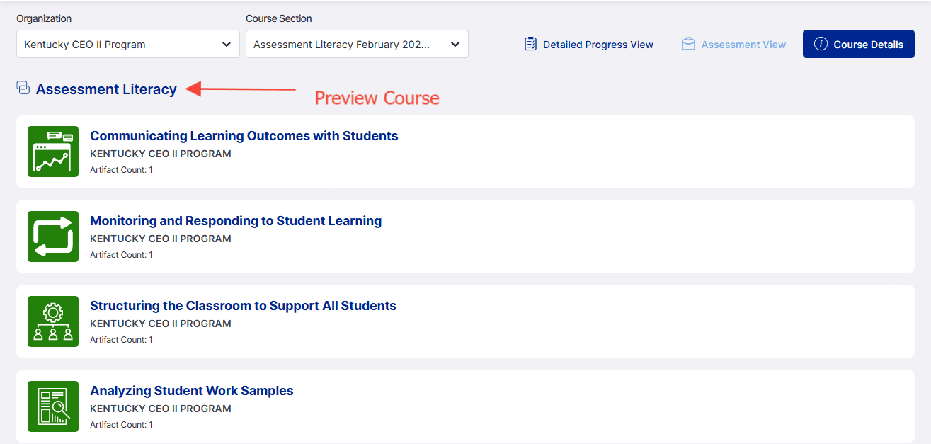 Previewing a Course and the included Units using the Cohort Dashboard ...